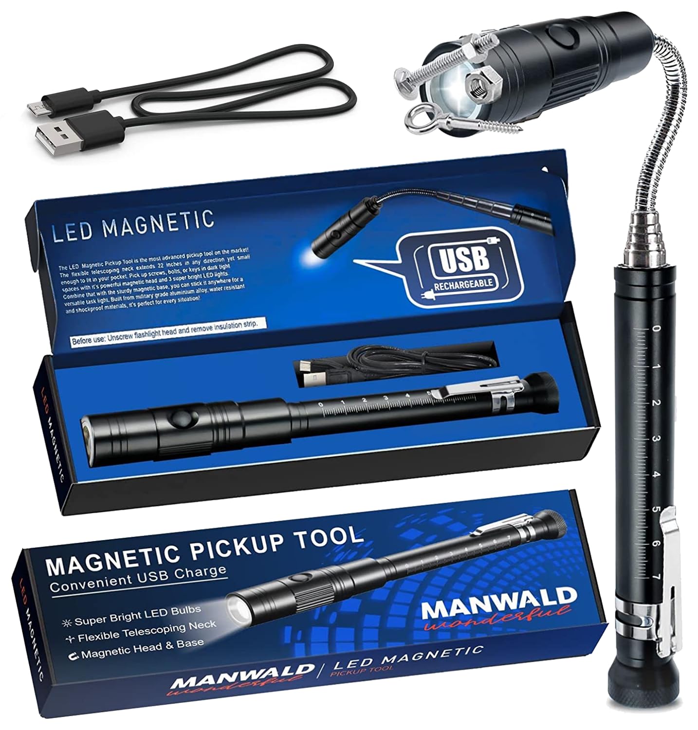 MANWALD Telescoping Magnetic Pickup Tools, LED Magnet Flashlights, Extendable Magnet Stick Cool Gadgets Gifts for Men, Birthday Gifts for Men, Dad, Husband, Craftsman and Mechanic, Gray