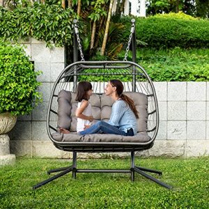 brafab luxury x-large double egg swing chair 2 person hanging chair hand made rattan wicker hammock chair with stand and uv resistant grey cushion, aluminum frame, for outdoor garden patio porch