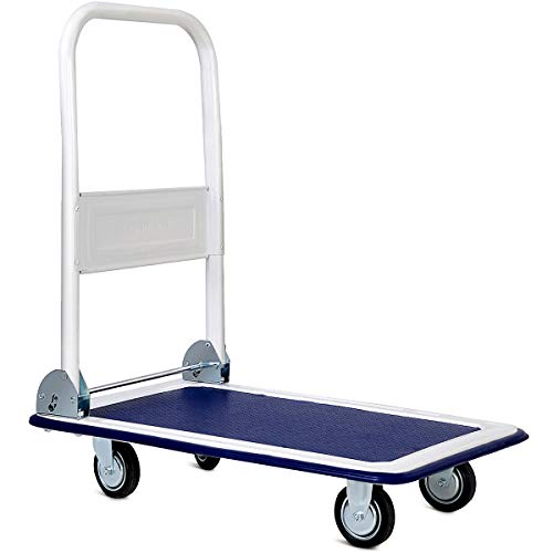 Safstar Folding Push Cart Dolly, Rolling Platform Cart for Garage Warehouse, Portable Flatbed Cart with Non-Slip Swivel Casters (330Lbs Load-Bearing Capacity, Blue)