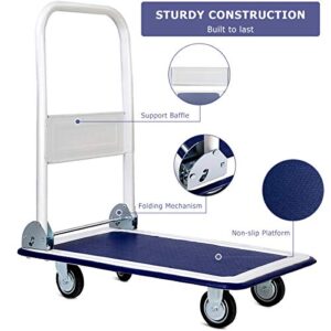 Safstar Folding Push Cart Dolly, Rolling Platform Cart for Garage Warehouse, Portable Flatbed Cart with Non-Slip Swivel Casters (330Lbs Load-Bearing Capacity, Blue)