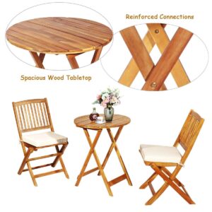 Tangkula 3 PCS Patio Folding Bistro Set, Outdoor Acacia Wood Chair and Table Set w/Padded Cushion& Round Coffee Table, Ideal for Indoor Patio Poolside Garden (Cream)