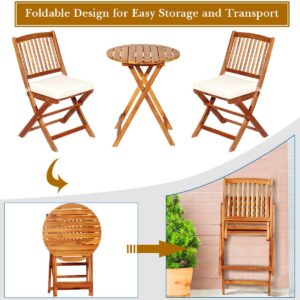 Tangkula 3 PCS Patio Folding Bistro Set, Outdoor Acacia Wood Chair and Table Set w/Padded Cushion& Round Coffee Table, Ideal for Indoor Patio Poolside Garden (Cream)