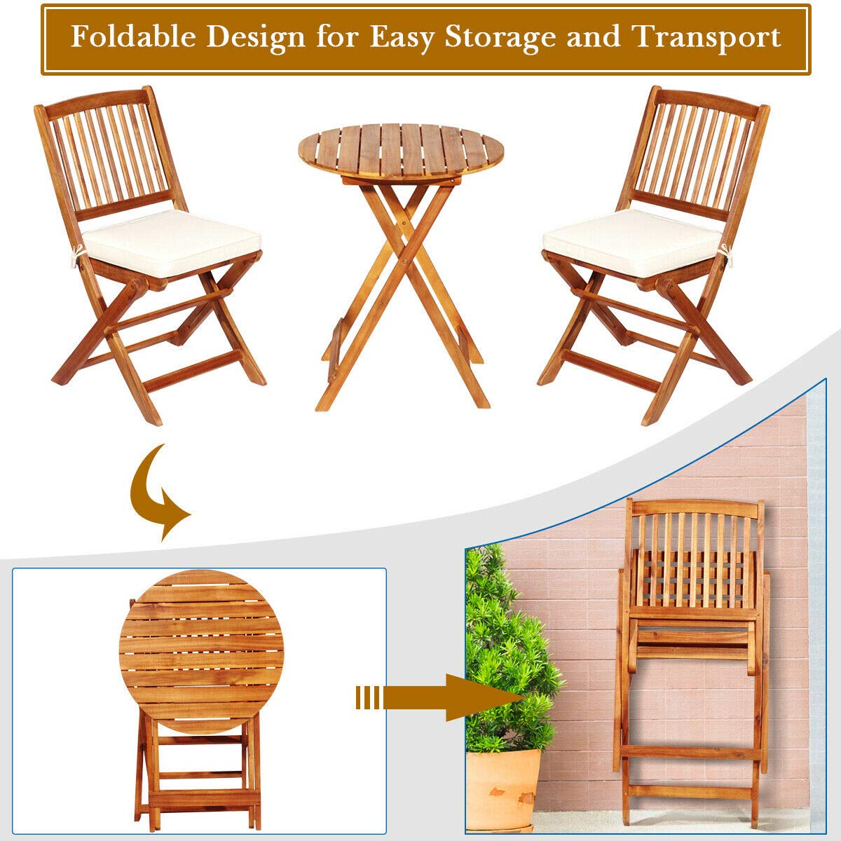 Tangkula 3 PCS Patio Folding Bistro Set, Outdoor Acacia Wood Chair and Table Set w/Padded Cushion& Round Coffee Table, Ideal for Indoor Patio Poolside Garden (Cream)