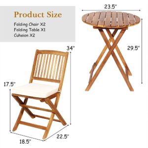 Tangkula 3 PCS Patio Folding Bistro Set, Outdoor Acacia Wood Chair and Table Set w/Padded Cushion& Round Coffee Table, Ideal for Indoor Patio Poolside Garden (Cream)