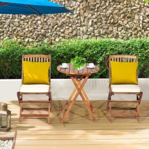 Tangkula 3 PCS Patio Folding Bistro Set, Outdoor Acacia Wood Chair and Table Set w/Padded Cushion& Round Coffee Table, Ideal for Indoor Patio Poolside Garden (Cream)