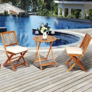 Tangkula 3 PCS Patio Folding Bistro Set, Outdoor Acacia Wood Chair and Table Set w/Padded Cushion& Round Coffee Table, Ideal for Indoor Patio Poolside Garden (Cream)