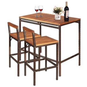 tangkula 3 pcs patio bar table set, outdoor rattan bar set bistro set with acacia wood top, wood table set with 2 bar chairs for dining room, backyard, patio and balcony