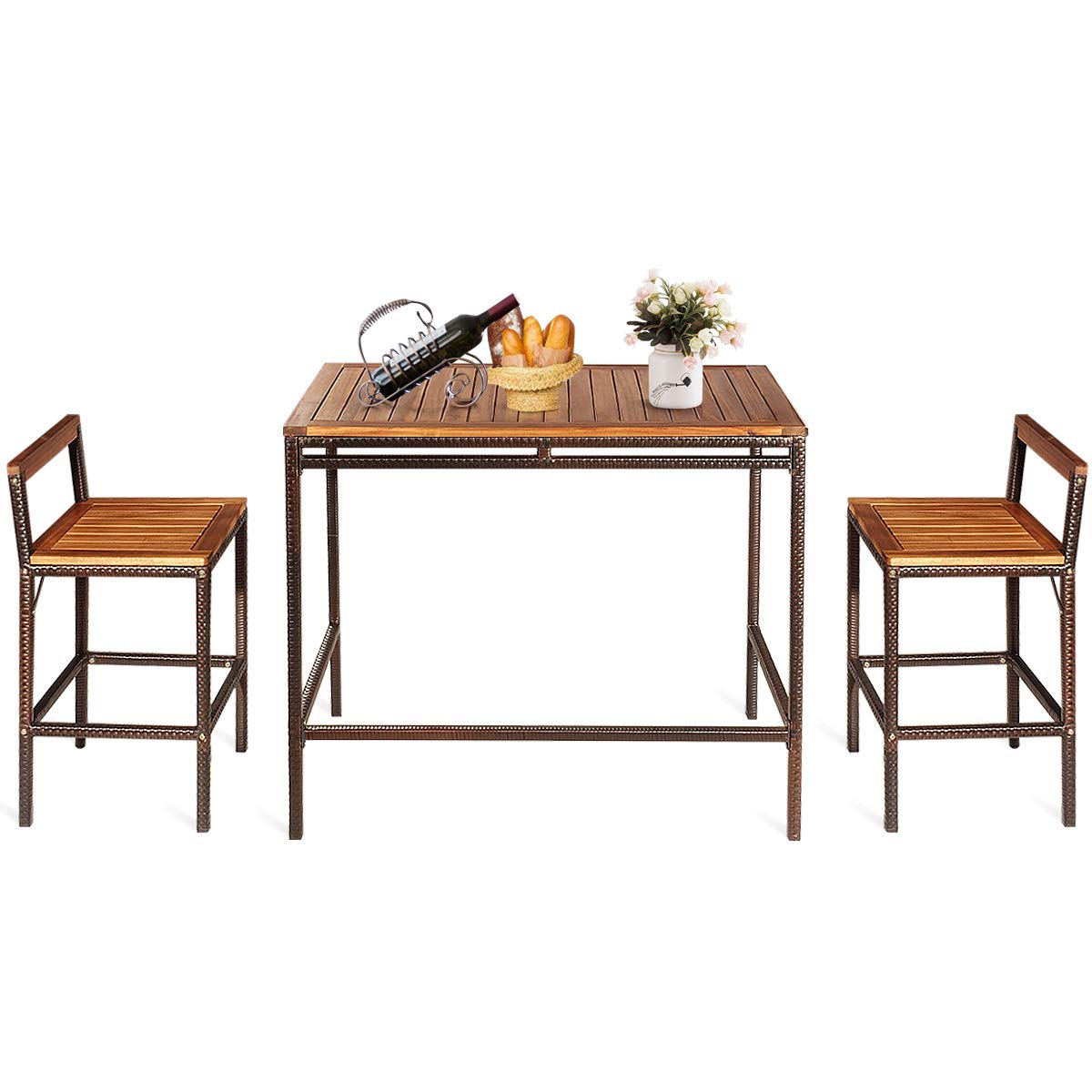 Tangkula 3 PCS Patio Bar Table Set, Outdoor Rattan Bar Set Bistro Set with Acacia Wood Top, Wood Table Set with 2 Bar Chairs for Dining Room, Backyard, Patio and Balcony