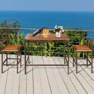 Tangkula 3 PCS Patio Bar Table Set, Outdoor Rattan Bar Set Bistro Set with Acacia Wood Top, Wood Table Set with 2 Bar Chairs for Dining Room, Backyard, Patio and Balcony