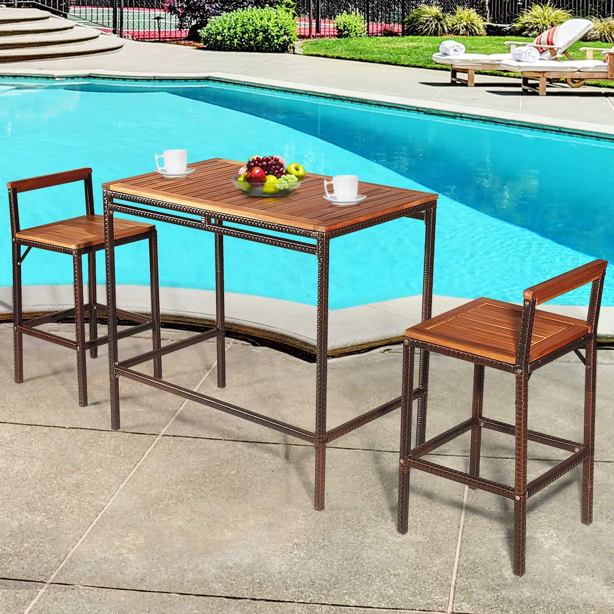 Tangkula 3 PCS Patio Bar Table Set, Outdoor Rattan Bar Set Bistro Set with Acacia Wood Top, Wood Table Set with 2 Bar Chairs for Dining Room, Backyard, Patio and Balcony