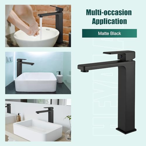 Heyalan Vessel Sink Faucet Bathroom Sink Faucet Tall Body Vessel Bowl Tap Single-Hole Deck Mount Lavatory Vanity Mixer Bar Tap Tall Spout Brass Tall Bathroom Faucet,Matte Black,with Drain