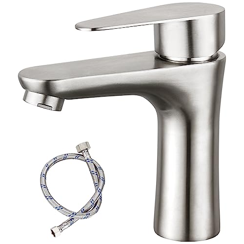 Heyalan Brushed Nickel Bathroom Faucet Cold Water Only SUS304 Stainless Steel Single Handle One Hole Deck Mounted Lavatory Tap Single Switch (Drain not Included)