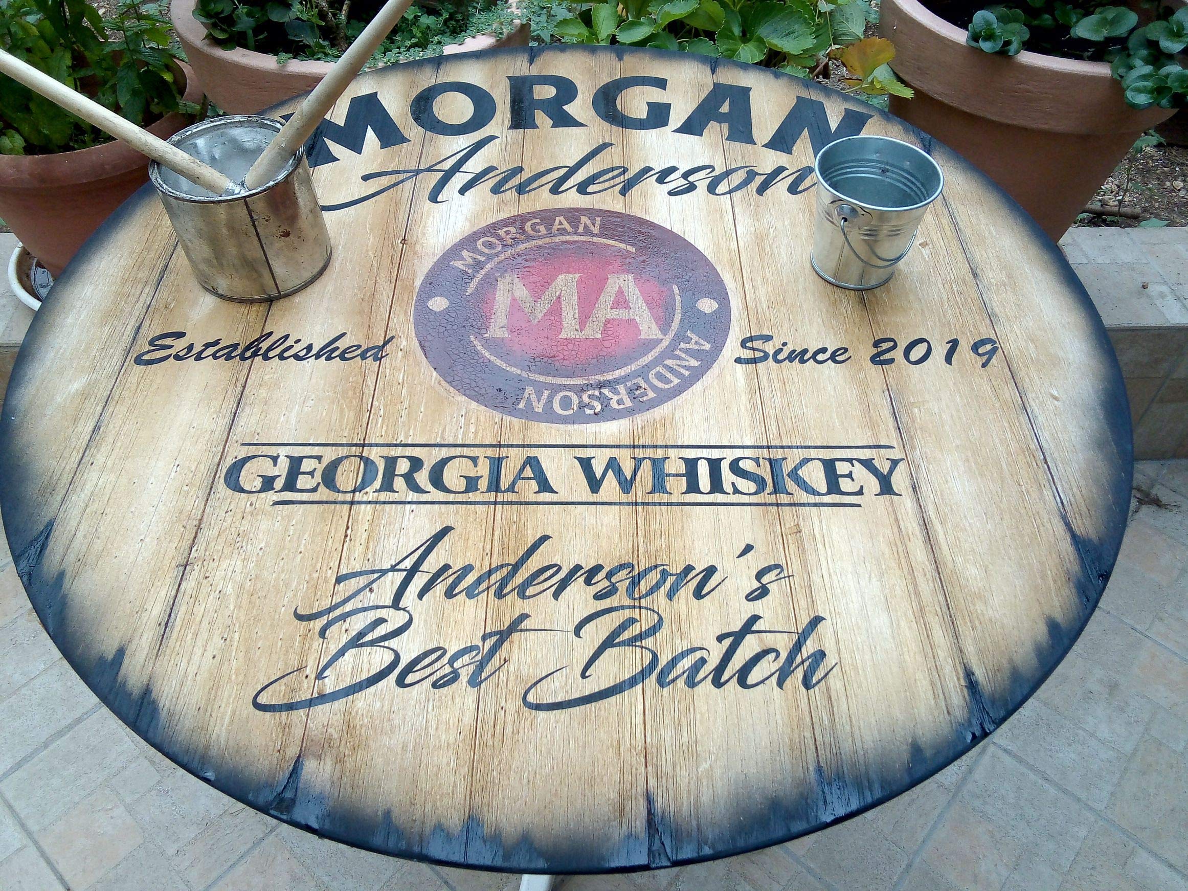 Personalized Table Top Inspired by Old Whiskey & Wine Barrel Lids, Custom Gifts for Men, Rustic Living Room Home Bar Man Cave Wood Furniture, Size 16/20/24/30/36/40/42/46 Inch