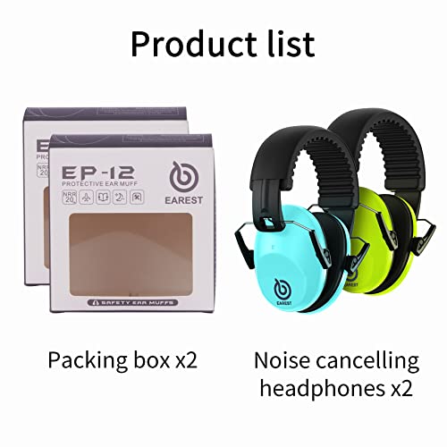 EAREST 2 Pack Ear Protection Shooting Earmuffs, NRR 20 dB Kids Noise Cancelling Ear Muffs for Sleeping, Studying, Hunting and Mowing, with Adjustable Headband and Carrying Bag - Blue & Green