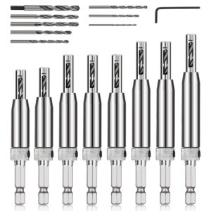 comoware 17pcs vix bits self centering drill bit set, 1/4" hex shank self centering hinge drill bit set for woodworking window door hinge, quick change with 1 hex key & 8 drill bits 5/64-1/4”