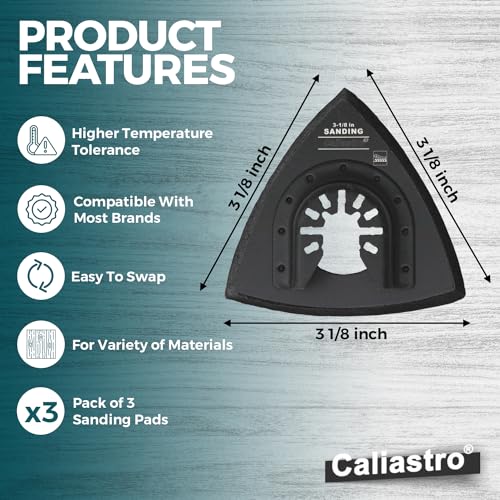 Triangle Sanding Pads for Oscillating Multitool with Universal Quick-Release - 3 Pack of 3-1/8 Inch Sander Pads for Hook & Loop Sandpaper- Caliastro