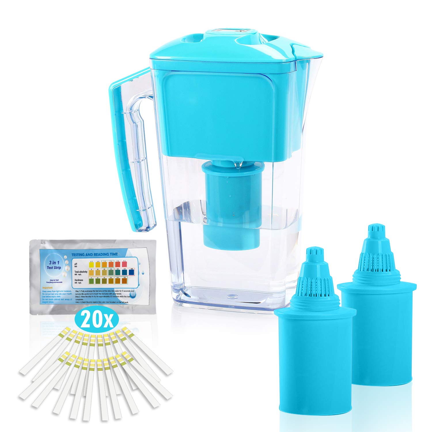 All Prime 2.5 Liter Alkaline Water Filter Pitcher with 2 Replacement Alkaline Water Filter, pH and Alkalinity Test Strips - Alkaline Water Filter Pitchers for Drinking Water