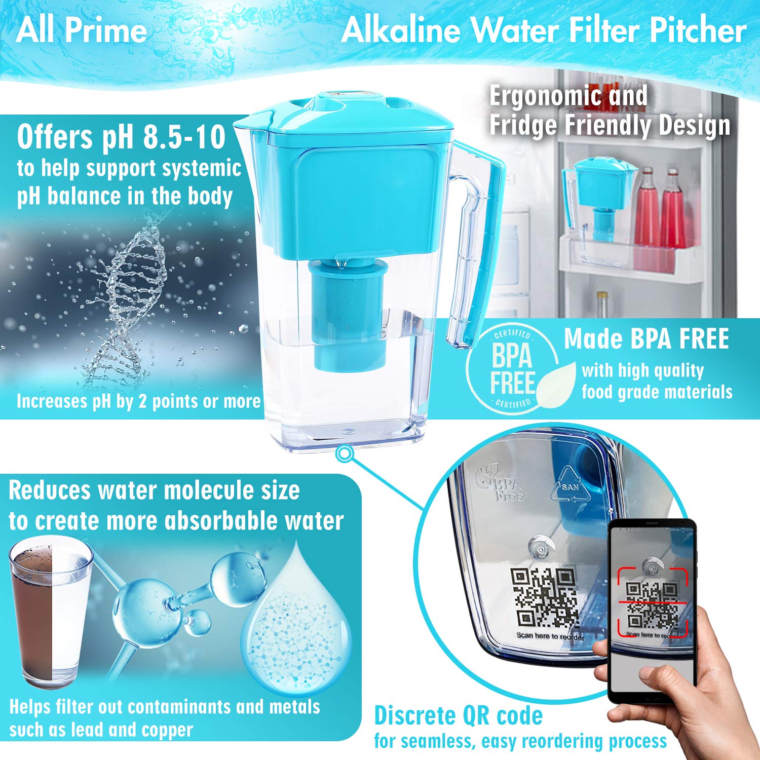 All Prime 2.5 Liter Alkaline Water Filter Pitcher with 2 Replacement Alkaline Water Filter, pH and Alkalinity Test Strips - Alkaline Water Filter Pitchers for Drinking Water