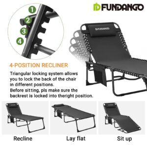 FUNDANGO Folding Outdoor Chaise Lounge Chair, 5-Position Adjustable Lounge Chair for Lawn, Patio, Beach, Sunbathing, Deck, Portable Heavy-Duty Camping Reclining Chair with Pillow, Black