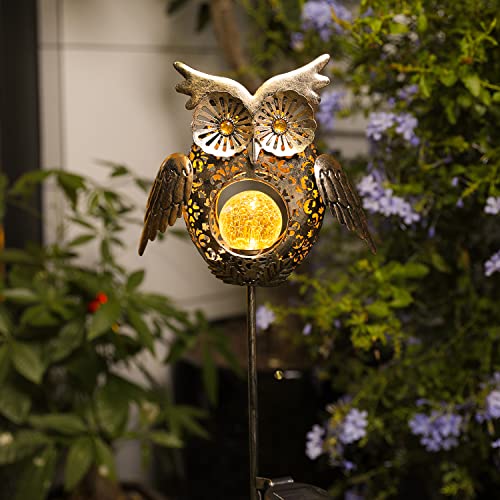 Go2garden Solar Lights Outdoor Owl Decorative Metal Stakes Lights Crackle Glass Light for Lawn, Yard Art, Pathway, Patio Decor(Bronze)