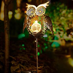 Go2garden Solar Lights Outdoor Owl Decorative Metal Stakes Lights Crackle Glass Light for Lawn, Yard Art, Pathway, Patio Decor(Bronze)