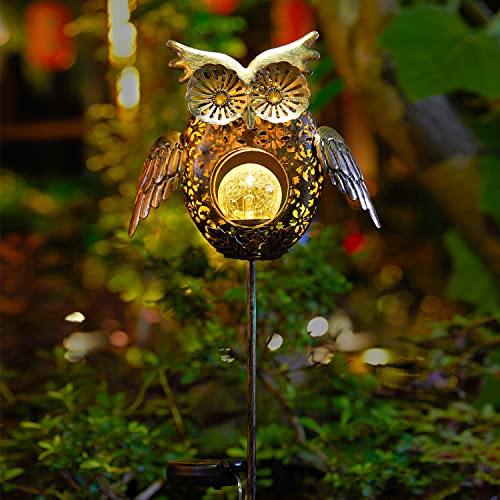 Go2garden Solar Lights Outdoor Owl Decorative Metal Stakes Lights Crackle Glass Light for Lawn, Yard Art, Pathway, Patio Decor(Bronze)