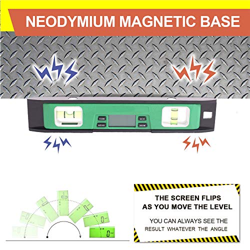 Digital Torpedo Level -10 Inch IP54 Digital Magnetized Level Protected Electronic Bubble Inclinometer/Angle Finder/LED Display & V-Groove Base (10 Inch, Green)