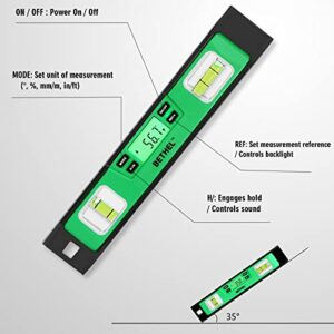 Digital Torpedo Level -10 Inch IP54 Digital Magnetized Level Protected Electronic Bubble Inclinometer/Angle Finder/LED Display & V-Groove Base (10 Inch, Green)