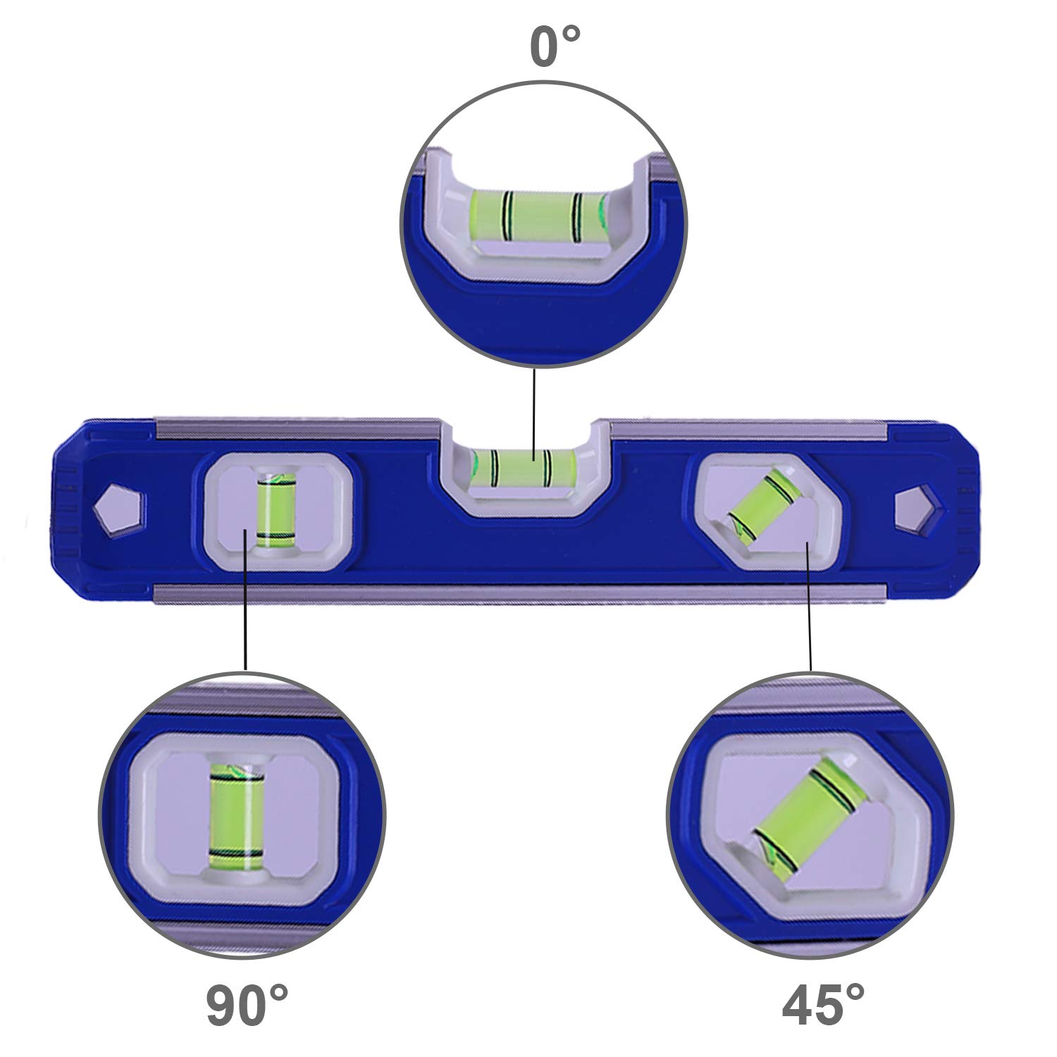 Magnetic Torpedo Level, Spirit Level 3 Bubble Plumb/Level / 45 Degree Level Degree Torpedo Magnetic Level Bubble Measuring Tool (9inch, Blue)