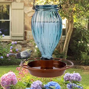 Juegoal Glass Wild Bird Waterer, 37 oz Wild Bird Feeder for Outdoors, Diamond Shaped Water Cooler with Metal Handle Hanging for Garden Tree Yard Outside Decoration, Gray-Blue