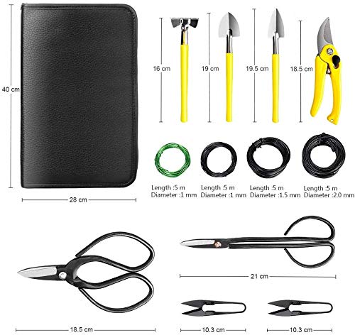 MOSFiATA Bonsai Tools Set 13 Pcs High Carbon Steel Succulent Gardening Trimming Tools Set Include Pruning Shears, Scissors, Mini Rake, Round and Pointed Shovel &Training Wire in PU Leather Bag