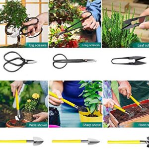 MOSFiATA Bonsai Tools Set 13 Pcs High Carbon Steel Succulent Gardening Trimming Tools Set Include Pruning Shears, Scissors, Mini Rake, Round and Pointed Shovel &Training Wire in PU Leather Bag