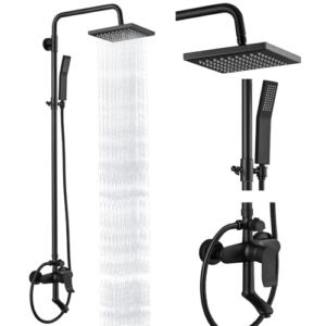 heyalan matte black rain shower system set,exposed shower system 3 functions bathroom shower faucet 8 inch swivel rainfall shower head handheld complete set tub spout wall mount