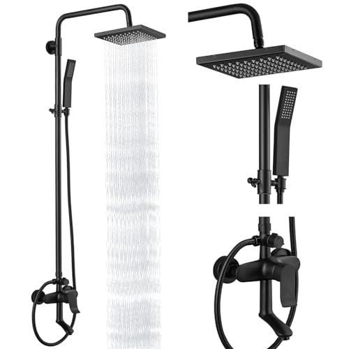 Heyalan Matte Black Rain Shower System Set,Exposed Shower System 3 Functions Bathroom Shower Faucet 8 Inch Swivel Rainfall Shower Head Handheld Complete Set Tub Spout Wall Mount