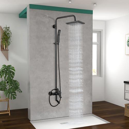 Heyalan Matte Black Rain Shower System Set,Exposed Shower System 3 Functions Bathroom Shower Faucet 8 Inch Swivel Rainfall Shower Head Handheld Complete Set Tub Spout Wall Mount