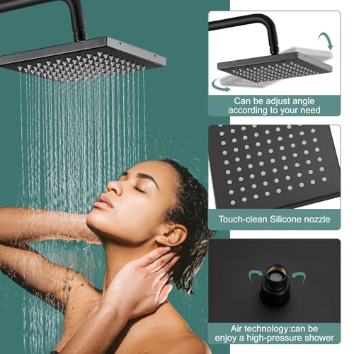 Heyalan Matte Black Rain Shower System Set,Exposed Shower System 3 Functions Bathroom Shower Faucet 8 Inch Swivel Rainfall Shower Head Handheld Complete Set Tub Spout Wall Mount