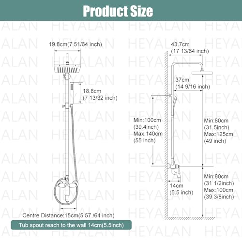 Heyalan Matte Black Rain Shower System Set,Exposed Shower System 3 Functions Bathroom Shower Faucet 8 Inch Swivel Rainfall Shower Head Handheld Complete Set Tub Spout Wall Mount