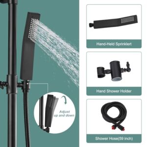 Heyalan Matte Black Rain Shower System Set,Exposed Shower System 3 Functions Bathroom Shower Faucet 8 Inch Swivel Rainfall Shower Head Handheld Complete Set Tub Spout Wall Mount