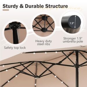 Sophia & William 15ft Patio Umbrella with Lights (Base Included), Extra Large Outdoor Double-sided Umbrella, Beige