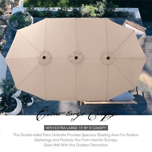 Sophia & William 15ft Patio Umbrella with Lights (Base Included), Extra Large Outdoor Double-sided Umbrella, Beige