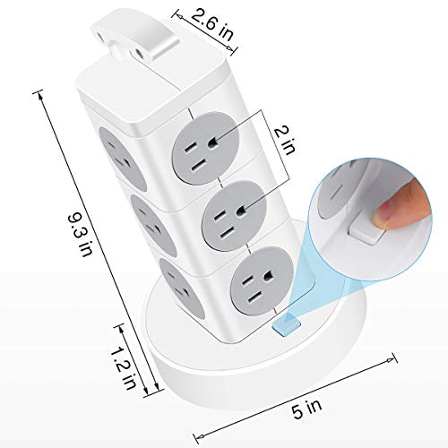 Power Strip Tower, FTEDK Surge Protector Power Tower with 12 AC and 3 USB Long Extension Cord 3.4A USB IQ Charging Station with Overload Protection for Home Office Dorm