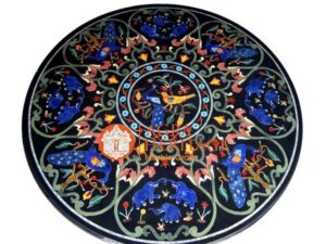 black marble round dining table top pietra dura inlay bird design hallway decor | 36" inches