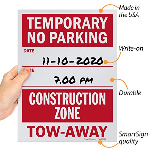 Smartsign “Temporary No Parking - Construction Zone, Tow-Away” Write-On Sign | 9" x 12" Polystyrene (Pack of 5)