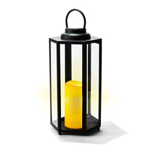 large solar candle lantern - 18 inch tall, glass panels, matte black metal frame, waterproof flameless pillar candle, dusk to dawn timer, large size for floor or patio, fall decor, battery included