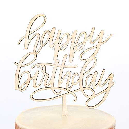 Happy Birthday Script Cake Topper in Maple Wood