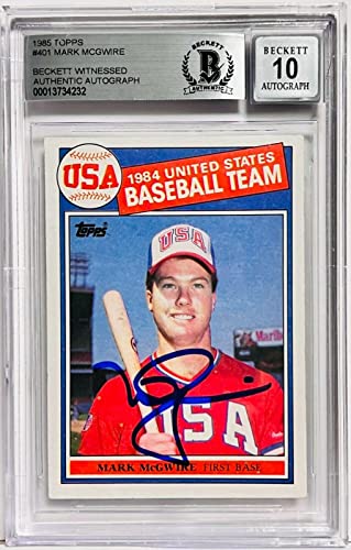 USA Mark McGwire Signed 1985 Topps #401 Rookie Card Beckett Witnessed Graded 10 - Baseball Slabbed Autographed Cards