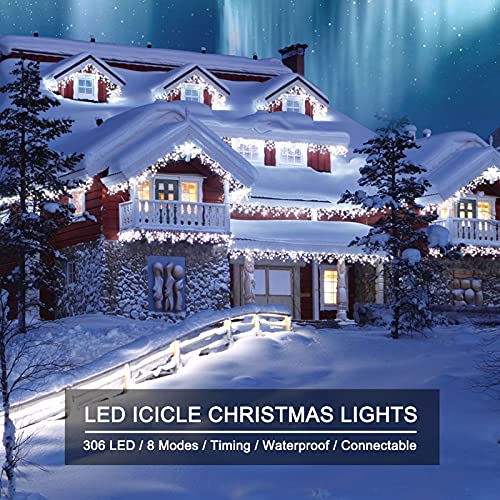 Led Icicle Christmas Lights Outdoor, 19.6 Feet 54 Drops with 306 Led, 8 Modes Timing Connectable Twinkle Decor Fairy String Lights for Patio Indoor Outside Hanging Icicle Lights, Pure White