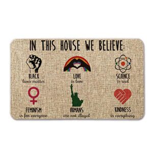 artoid mode in this house we believe decorative doormat, seasonal lgbt science feminism humans kindness low-profile floor mat switch mat for indoor outdoor 17 x 29 inch