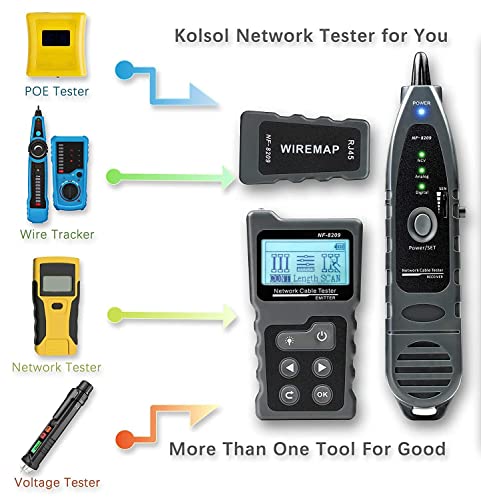 KOLSOL Network Cable Tester, Ethernet Wire Tracer with NCV & Lamp for CAT5 CAT6, PoE Tester Detect Voltage Measure Fault Distance by TDR NF-8209