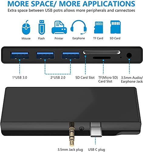 Surface Go/Surface Go2/Surface Go3 Hub, 6-in-2 USB C Surface Go/Go 2/Go3 Docking Station with USB 3.0+2 USB2.0 Ports, 3.5mm Earphones Jack,SD/TF Card Reader(Surface Go Adapter)